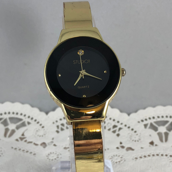 Studio | Accessories | Studio Gold Tone Cuff Bracelet Black Dial Watch ...